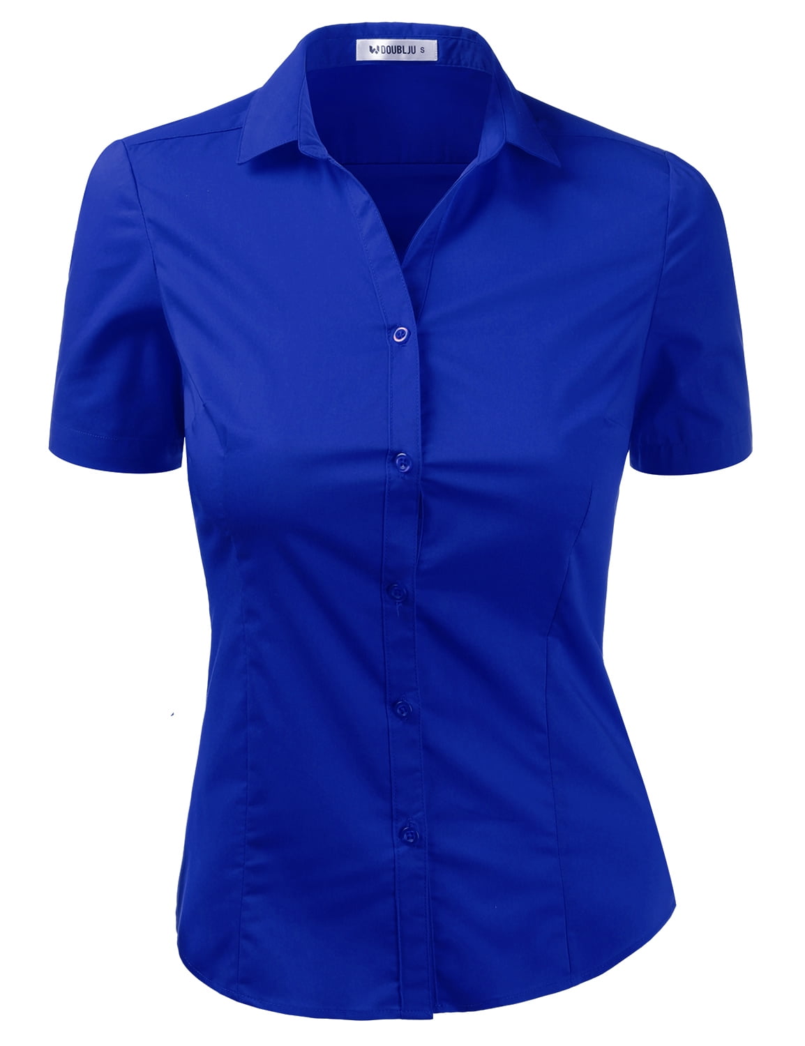 DOUBLJU Women's Slim Fit Plain Classic Short Sleeve Button Down Collar ...