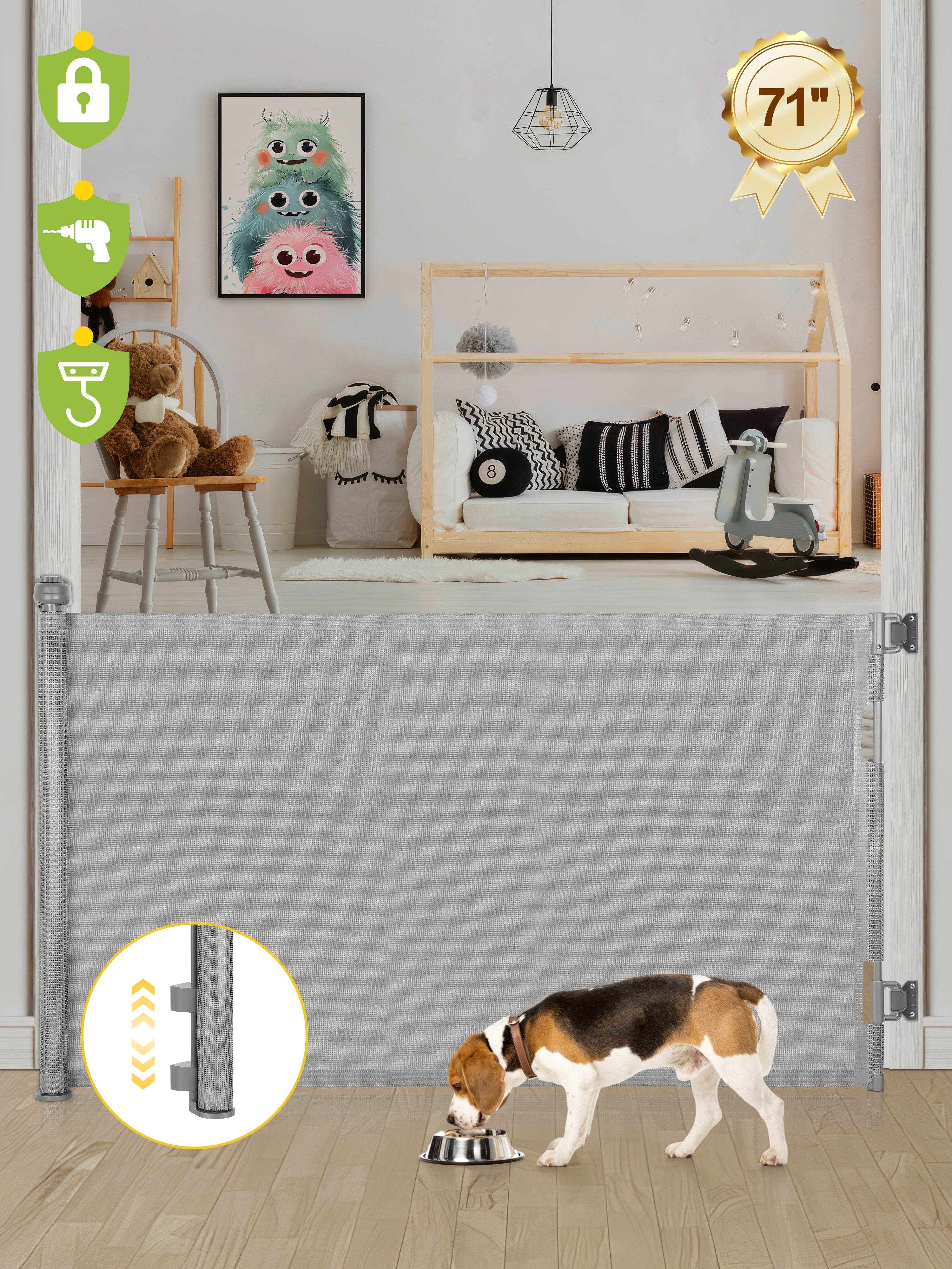 Doulami 71" Retractable Baby Gates for Doorway & Stair 34" Tall Indoor ...