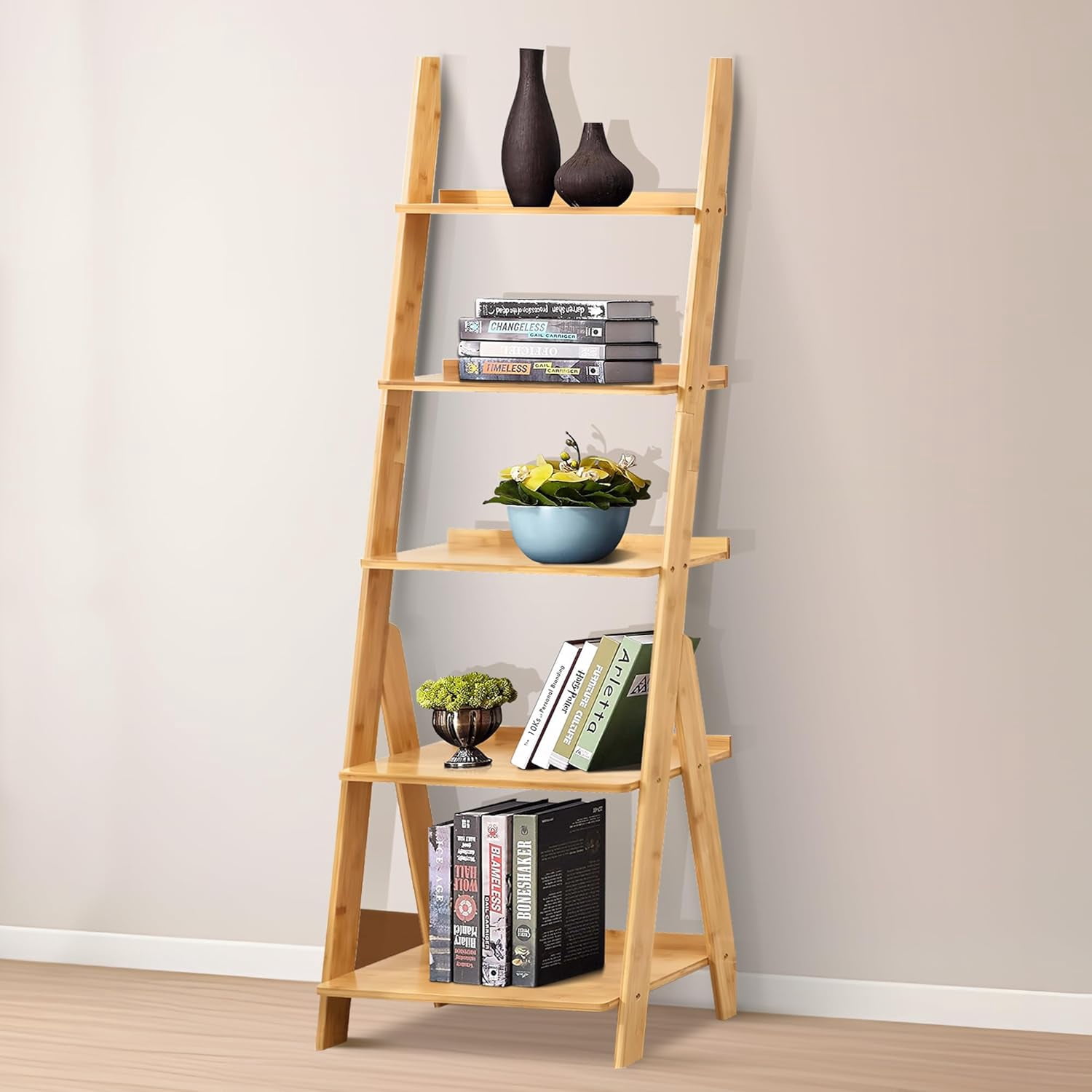 DOUSY- 5-Tier Bamboo Ladder Shelf Ladder Bookshelf Plant & Flower Stand ...