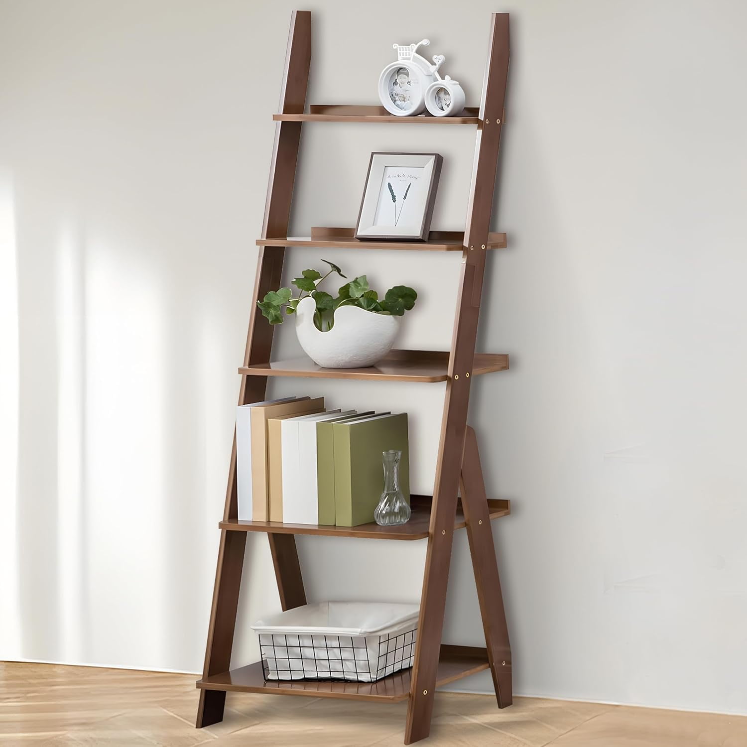 DOUSY-5-Tier Ladder Shelf Bookcase, Bamboo Ladder Bookshelf Leaning ...