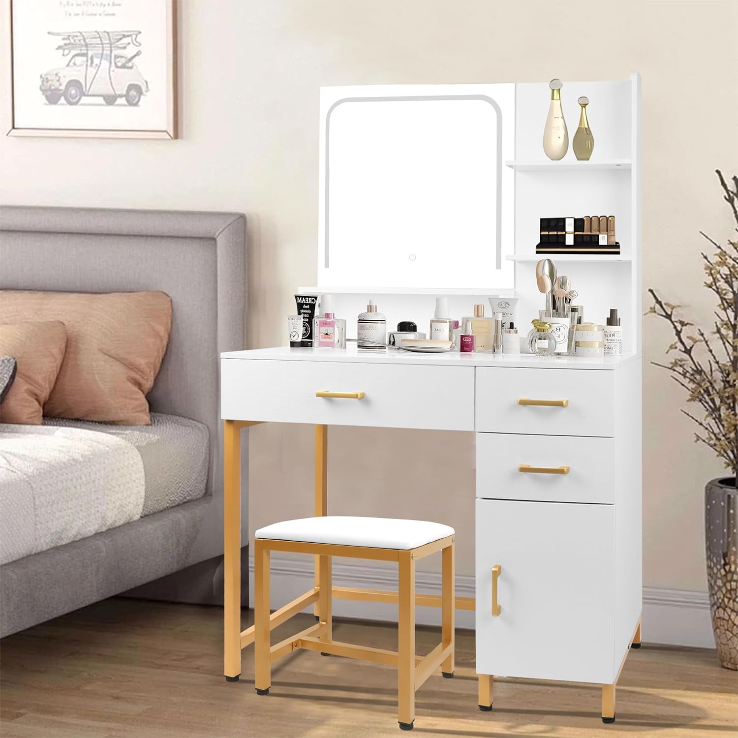 DOUSY Vanity Desk with Mirror and Lights and Stool, Makeup Vanity Desk ...