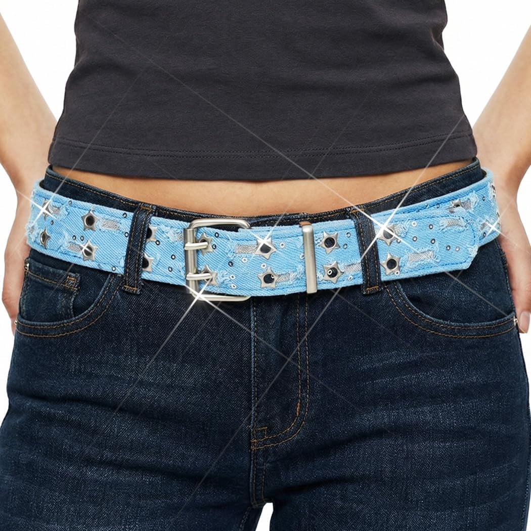 DOVACKA Blue Denim Waist Belt Star Grommet Leather Wide Belts Sequin ...