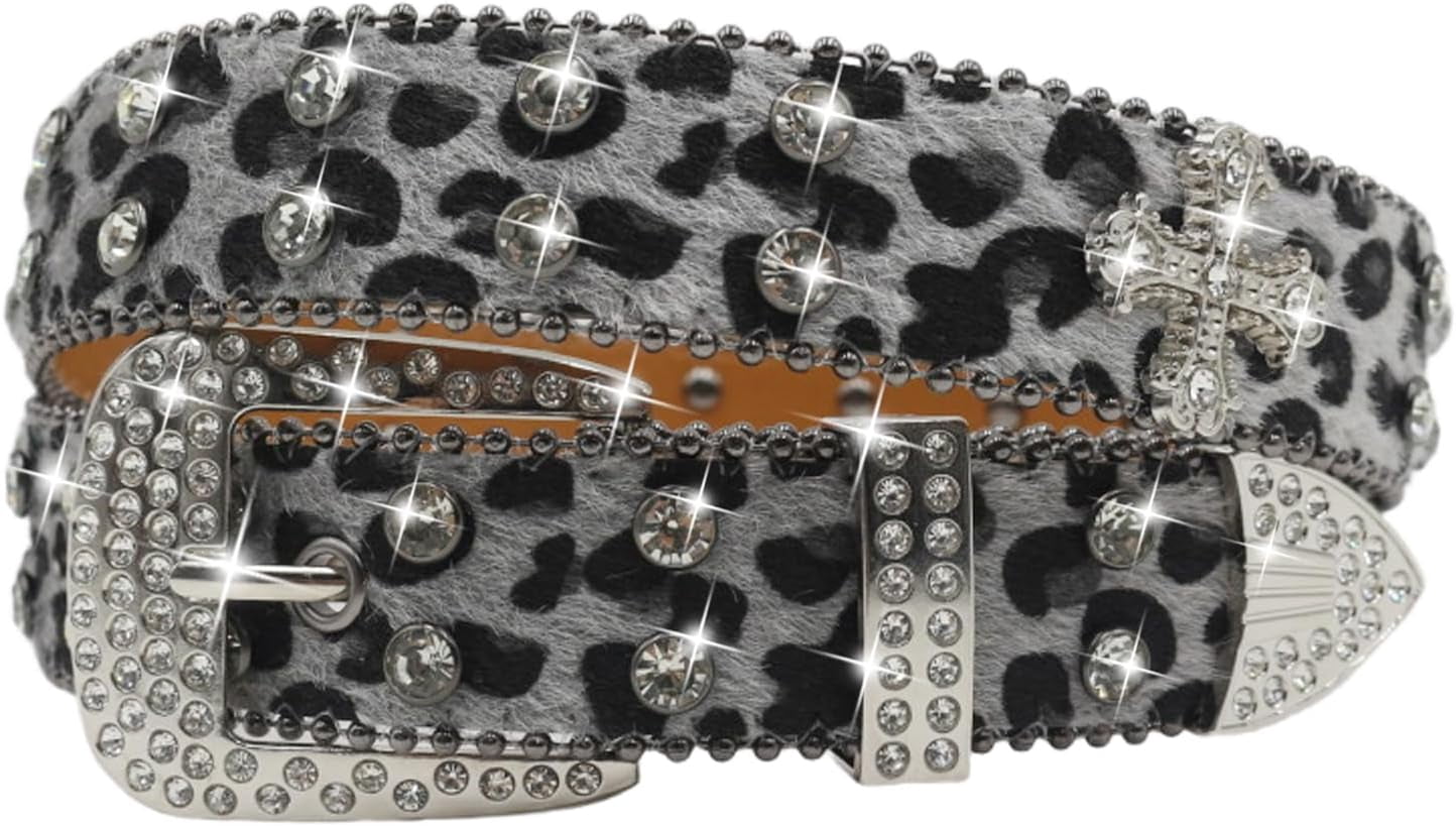 DOVACKA Rhinestone Cross Belt Men Women Cross Leopard Belt Punk Studded ...
