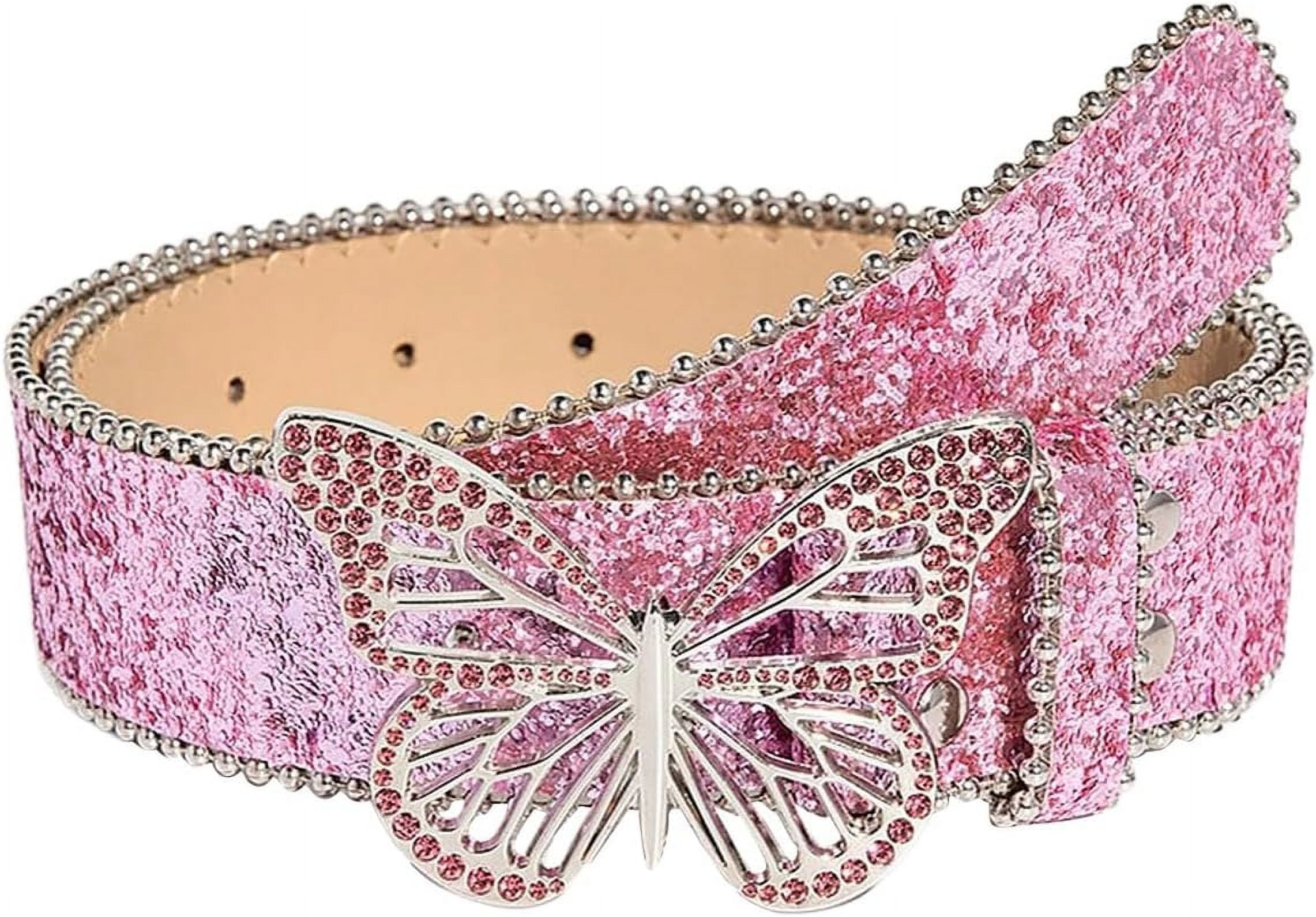 DOVACKA Women's Y2K Butterfly Buckle Belt Glitter Sequin PU Leather ...