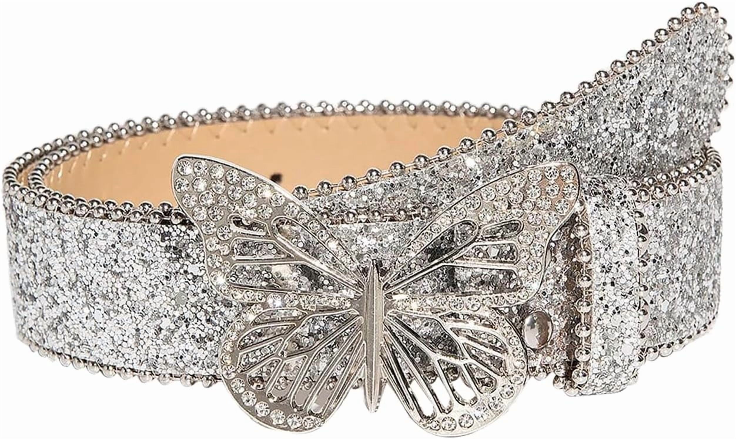 DOVACKA Women's Y2K Butterfly Buckle Belt Glitter Sequin PU Leather ...