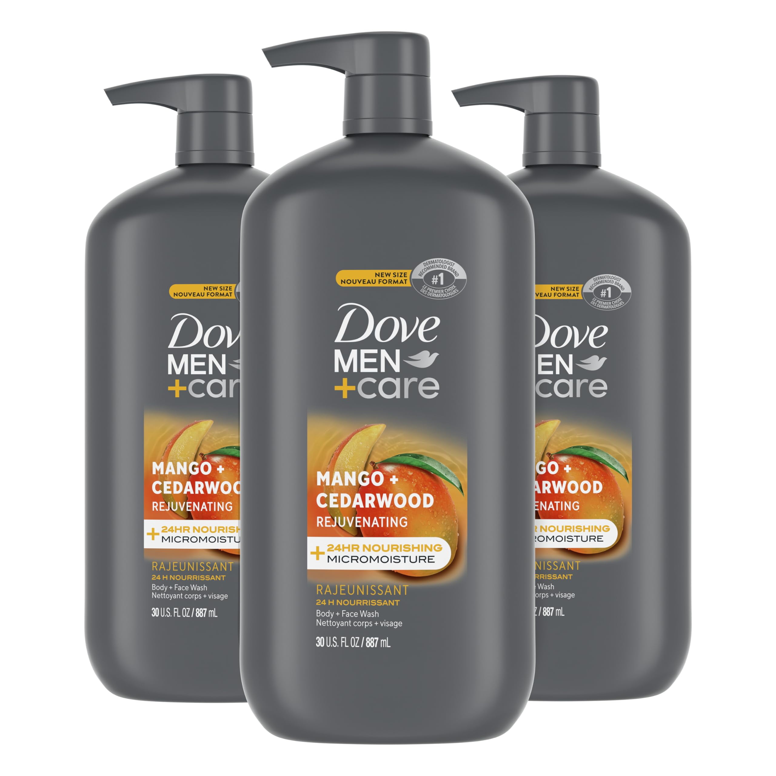 DOVE MEN + CARE IRF13 Body and Face Wash Rejuvenating Mango + Cedarwood 3 Pack for Men, with 24 ...