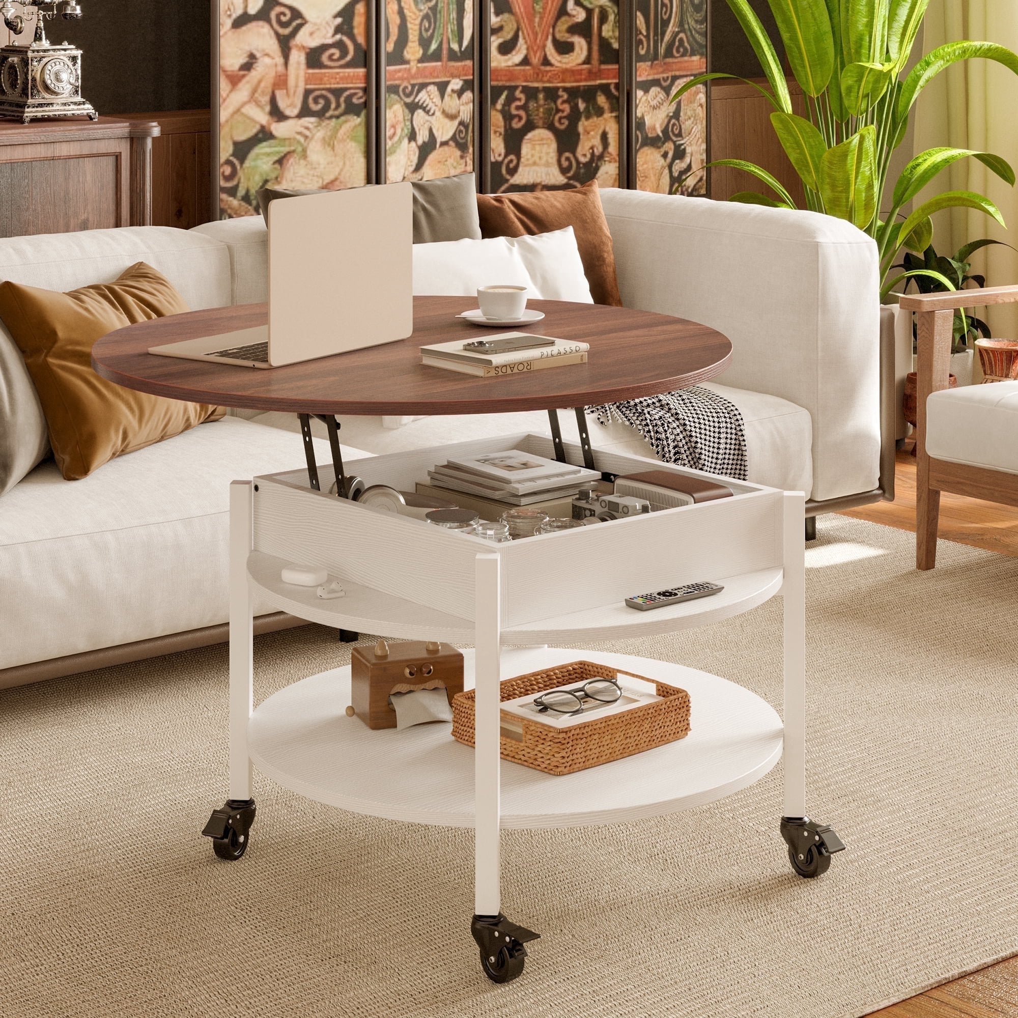 GUNAITO Round Small Lift Top Coffee Table on Wheels with Storage ...