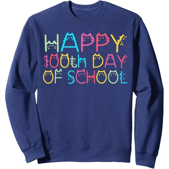 DOVU 100 Days Of School Cat Lettering Happy Colors Gift Unisex Crewneck ...