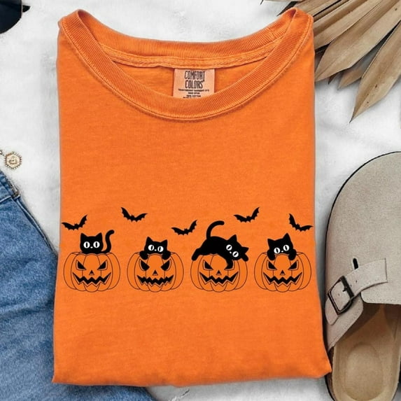 DOVU Black Cat Hal.Low.Een Shirt, Pumpkin And Bat Spooky Tee, Cute Fall ...