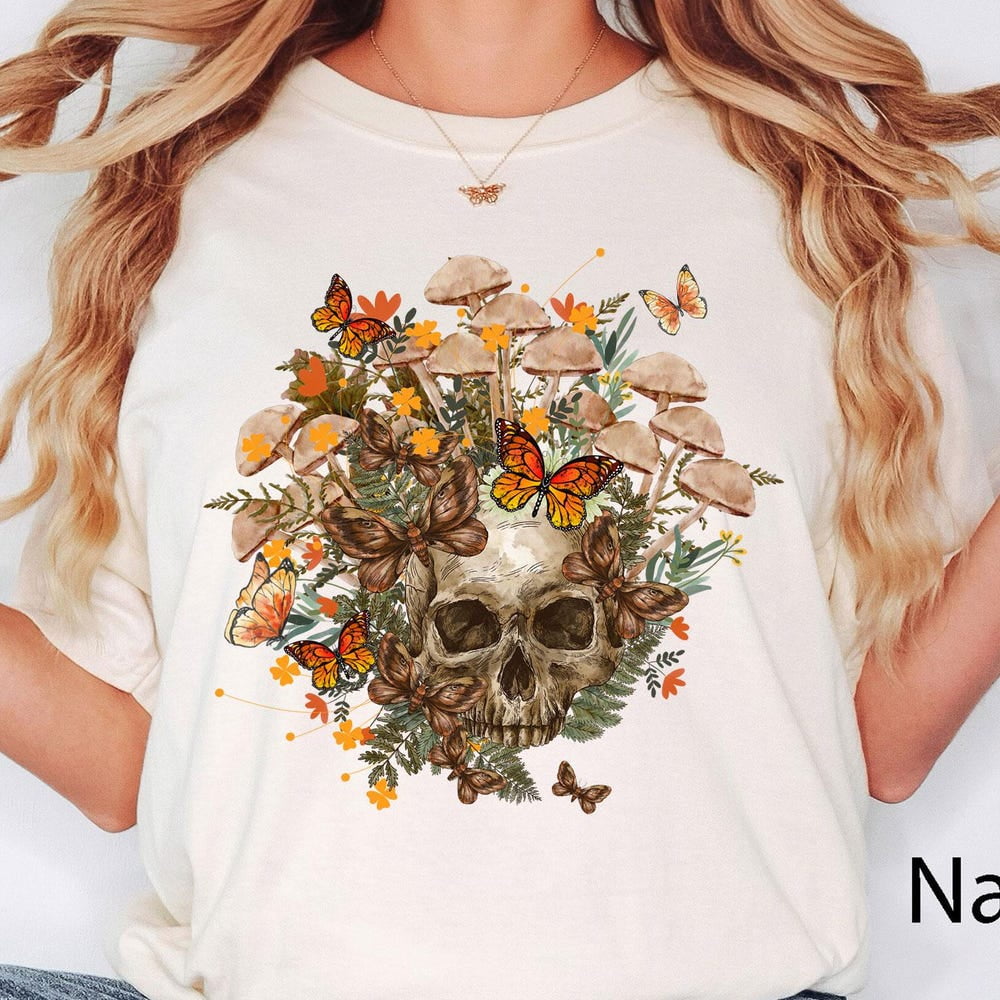 DOVU Bloom Skull Shirt, Mushroom Shirt, Hal.Low.Een Shirt, Mushroom And Skull, Floral Skull ...