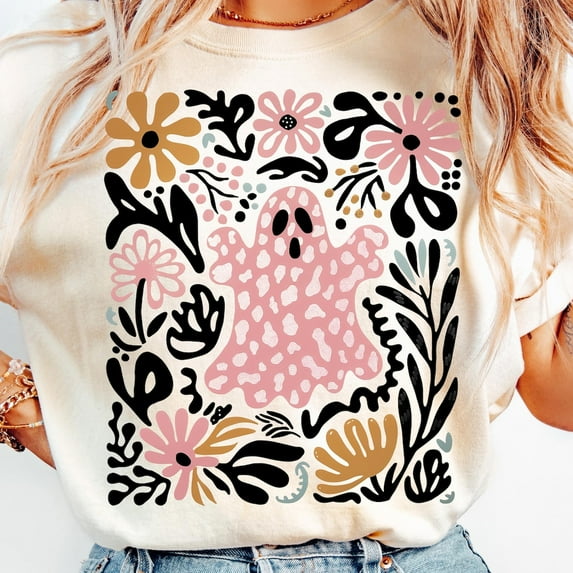 DOVU Boho Ghost Shirt, Pink Leo.Pard Hal.Low.Een, Floral Spooky Season Shirt, Cute Pastel Ghost ...