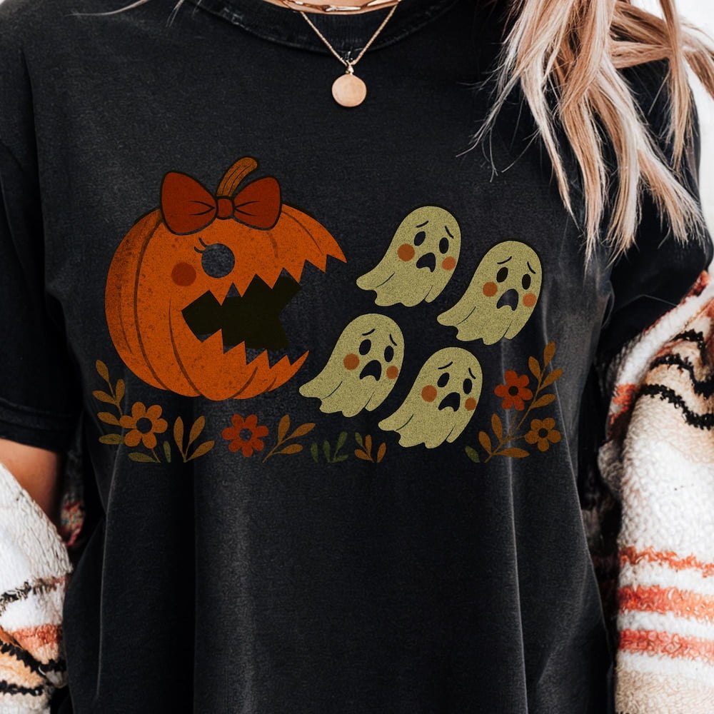 DOVU Boho Grunge Pacman Hal.Low.Een Tee, Pumpkin Ghost Shirt, Retro Gamer Fall Top, Spooky Gift ...