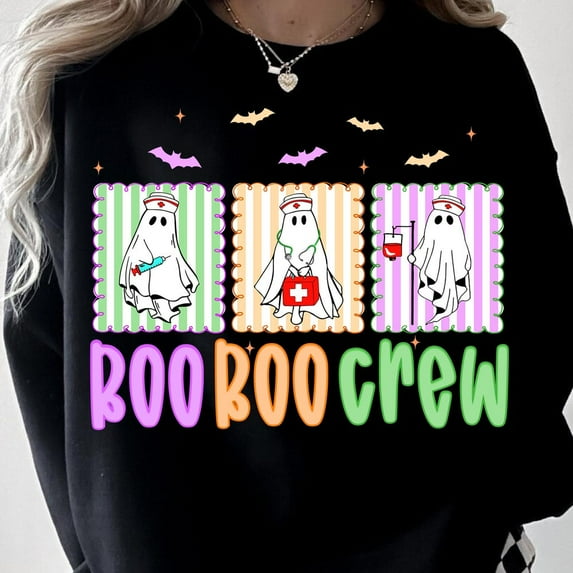 DOVU Boo Boo Crew Hal.Low.Een Nurse Sweatshirt, Funny Ghost Nurse Sweatshirt, Coquette Spooky ...