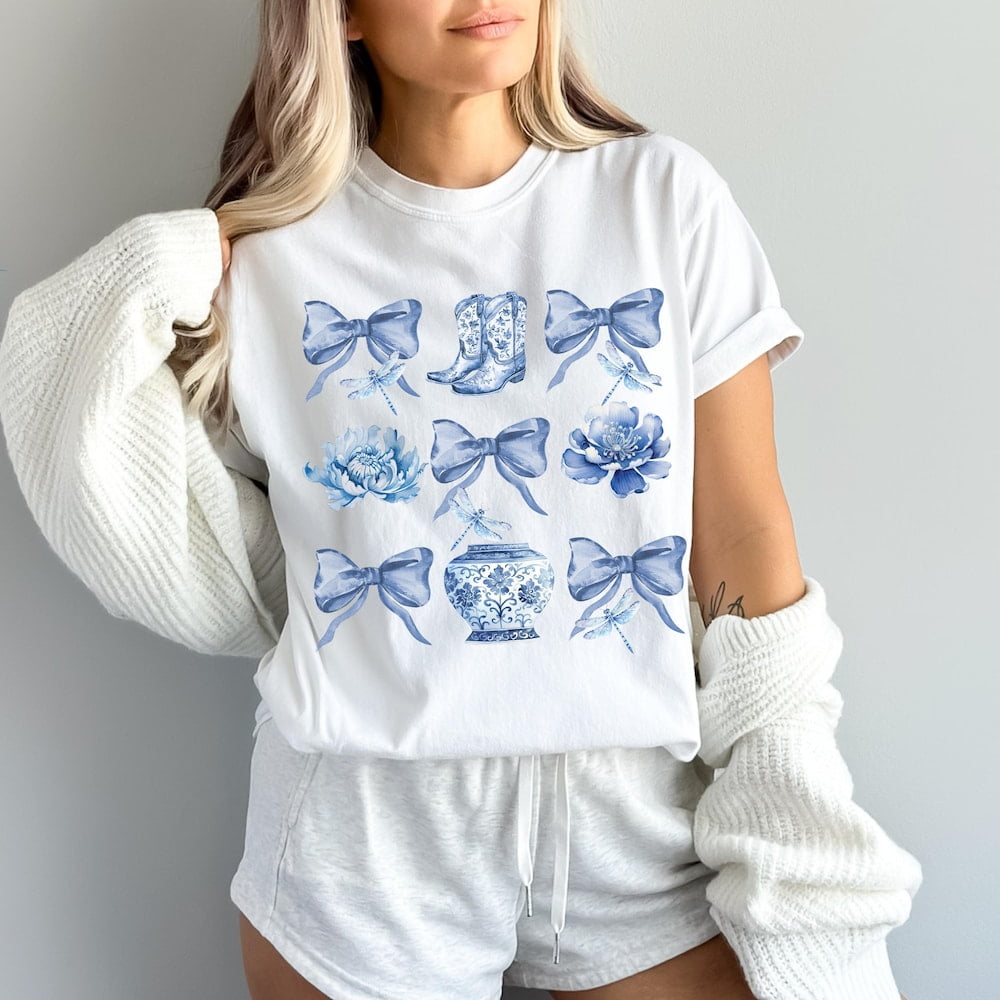 DOVU Chinoiserie Shirt, Spring Floral Tee, Trendy Tee-Shirt, Blue Coquette Bow T-Shirt, Western ...
