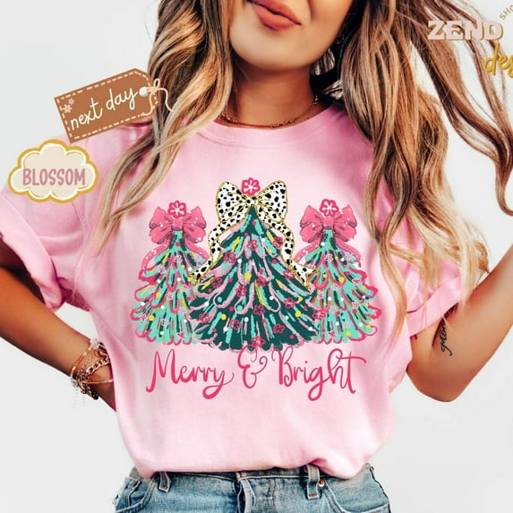 DOVU Chris.Tmas Shirt, Merry & Bright Xmas Tree Tee, Pink Holiday ...