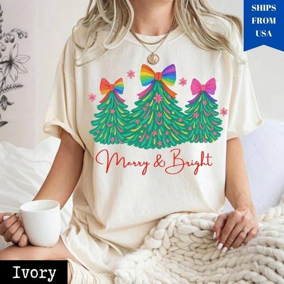 DOVU Chris.Tmas Shirt Merry & Bright Xmas Tree Tee Pink Holiday Festive ...