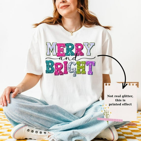 DOVU Chris.Tmas Shirt Merry & Bright Xmas Tree Tee Pink Holiday Festive ...