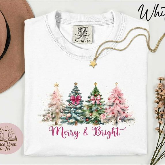 DOVU Chris.Tmas Trees Shirt, Merry & Bright Xmas Tree Tee, Pink Holiday ...