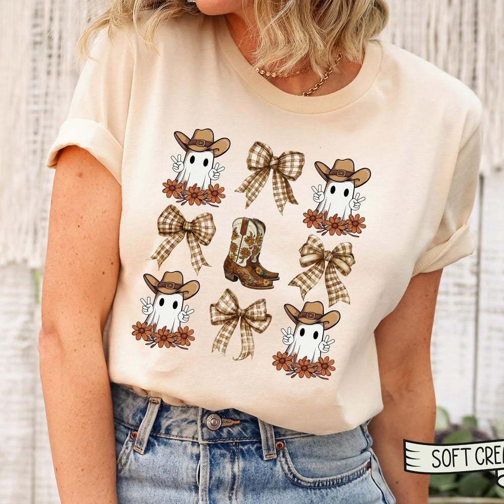 DOVU Coquette Hal.Low.Een Shirt, Coquette Brown Bow Ghost Shirts, Cute Ghost Tee, Cowcoquette ...