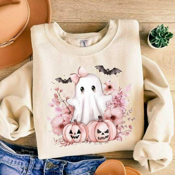 DOVU Coquette Pink Bow Ghost Sweatshirt, Cute Ghost Tee, Pink Coquette Hal.Low.Een T-Shirt, Pink ...
