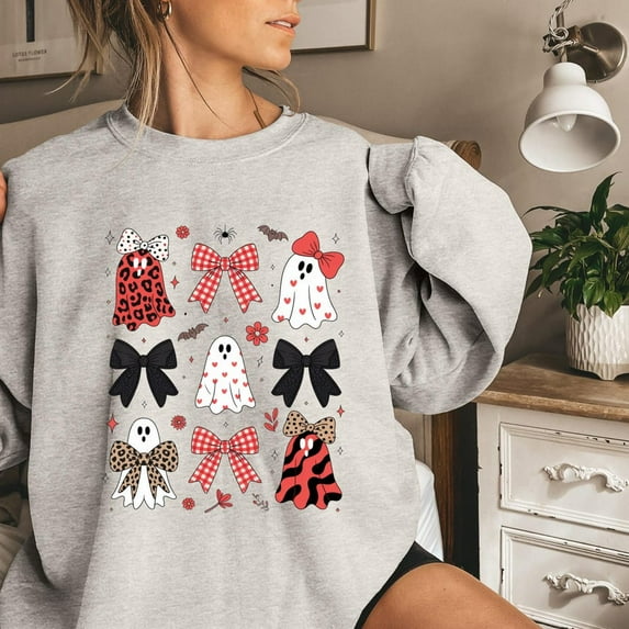 DOVU Coquette Red Leo.Pard Ghosts Hal.Low.Een Sweatshirt, Cute Ghost Hal.Low.Een Girly Sweater ...