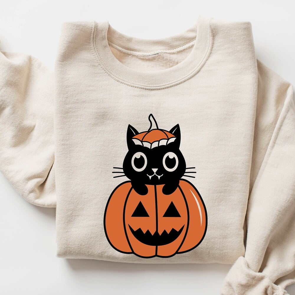 DOVU Cute Black Cat Hal.Low.Een Sweatshirt, Womens Hal.Low.Een Sweater ...