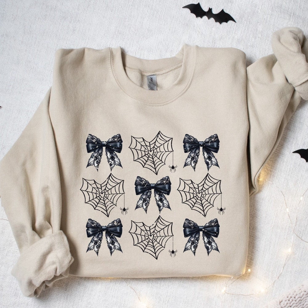DOVU Cute Coquette Spiderweb Sweatshirt, Black Bow Spider Hal.Low.Een ...