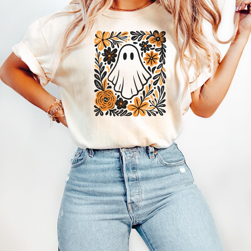 DOVU Cute Floral Ghost Tshirt, Spooky Cute, Ghost Shirt, Flowers Ghost, Retro Hal.Low.Een Shirt ...