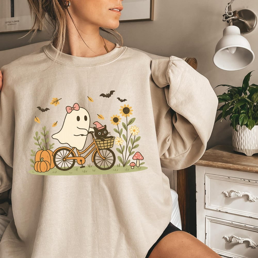 DOVU Cute Ghost With Black Cat Hal.Low.Een Sweatshirt, Cute Ghost Hal ...