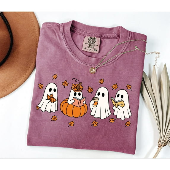 DOVU Cute Ghost Hal.Low.Een Shirt, Ghost Fall Vibes, Cute Little Ghost Shirt, Ghost Reading ...