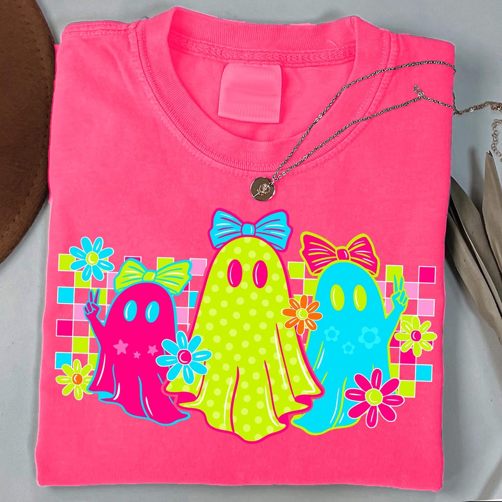 DOVU Cute Neon Ghosts Shirt, Coquette Trendy Hal.Low.Een Shirt, Retro ...