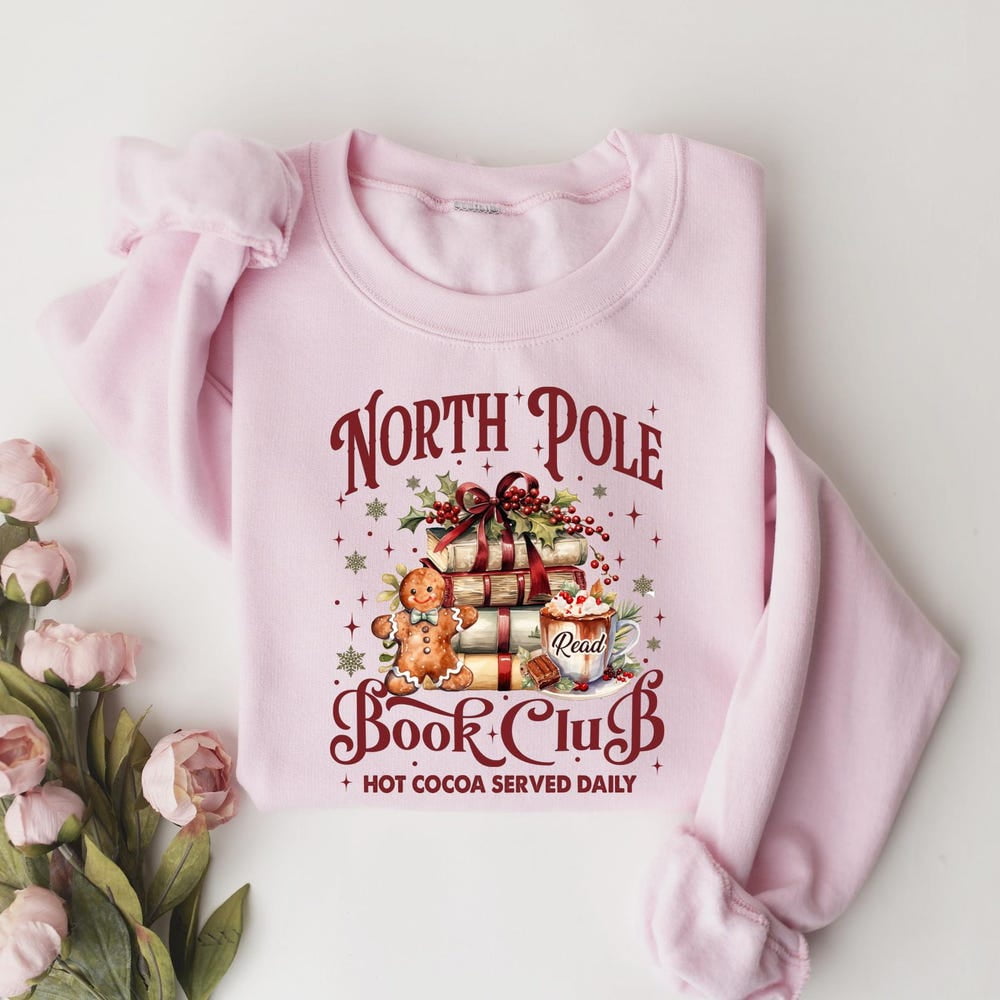 DOVU Cute North Pole Book Club Hot Cocoa Served Daily Xmas Sweater ...