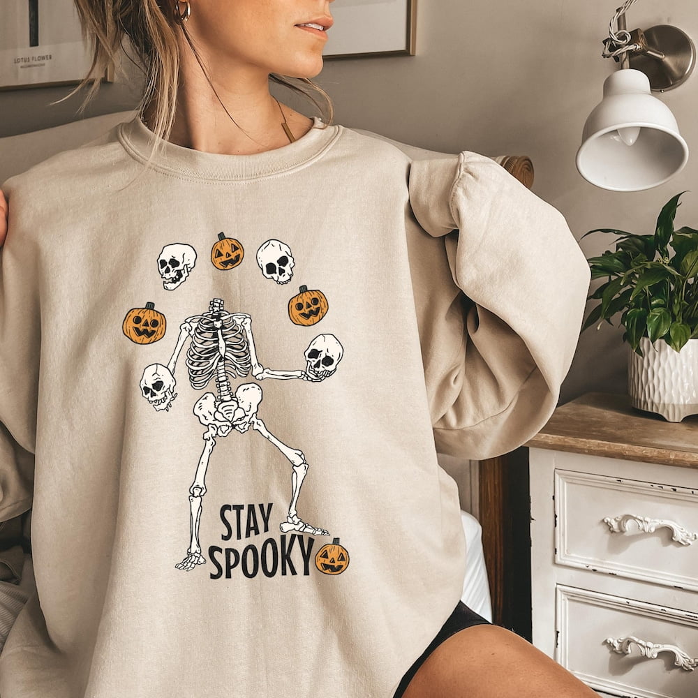 DOVU Cute Stay Spooky Juggling Skeleton Hal.Low.Een Sweatshirt, Fall Skeleton Girly Sweater ...