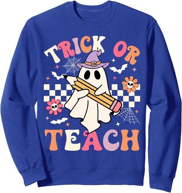 DOVU Cute Trick Or Teach Groovy Teacher Hal.Low.Een Retro Crewneck Sweatshirt Trendy Sweatshirt ...