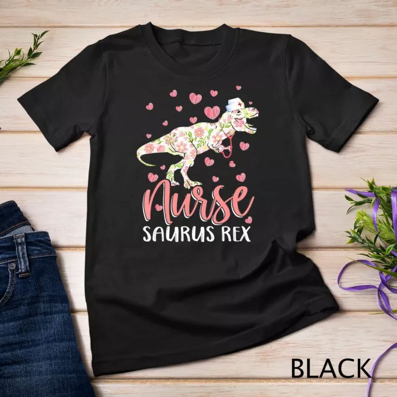 DOVU Dinosaur Scrub Nurse Life Rn Nursing Lpn Floral Mother T-Shirt ...