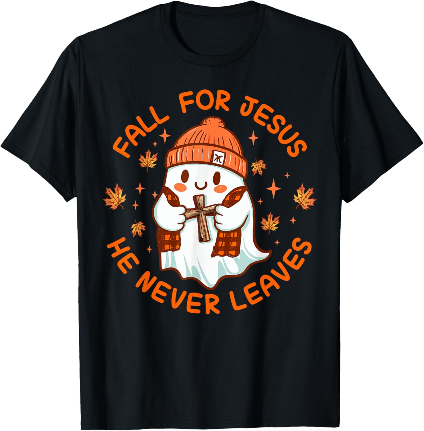 DOVU Fall For Jesus He Never Leave Cute Ghost Retro Hal.Low.Een T-Shirt ...