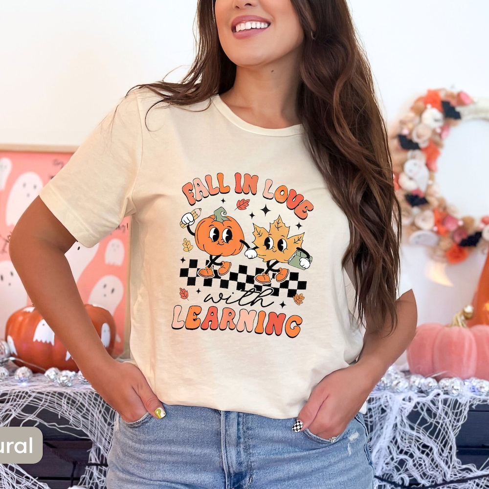 DOVU Fall In Love With Learning Shirt, Cute Teacher Pumpkin Shirt ...
