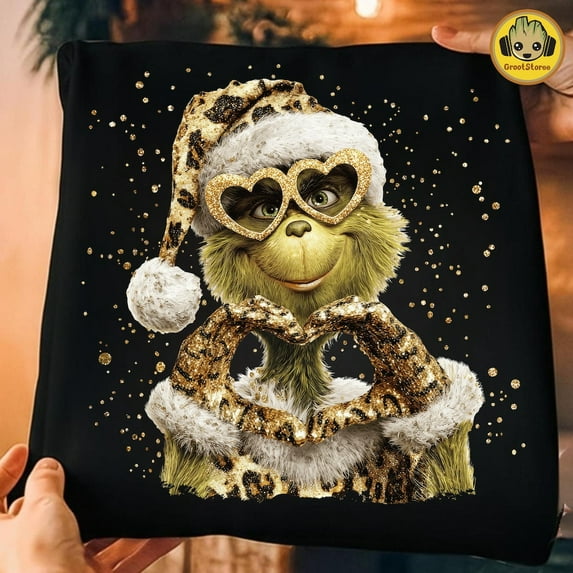 DOVU Faux Glitter Style Chris.Tmas Shirt, Retro Leo.Pard Green Thief Design, Funny Mean Guy ...