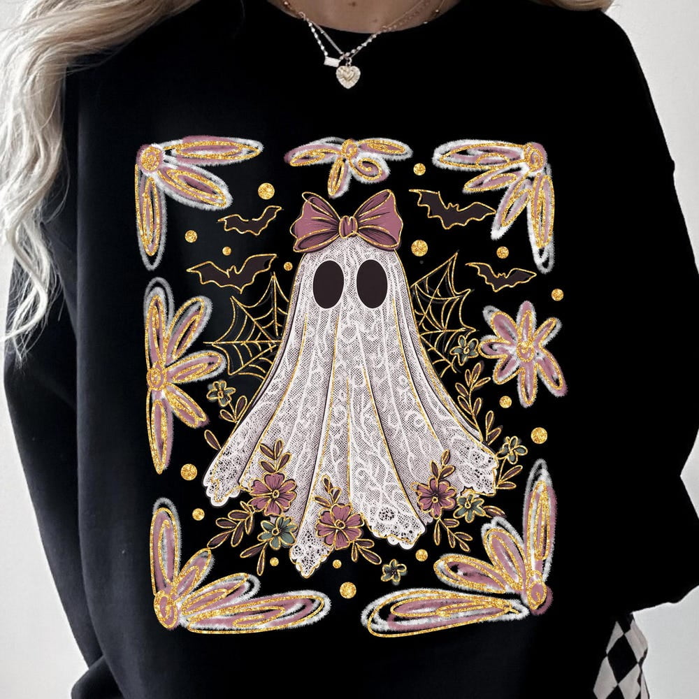 DOVU Floral Lace Ghost Hal.Low.Een Sweatshirt, Boho Ghost Coquette Sweatshirt, Spooky Season ...