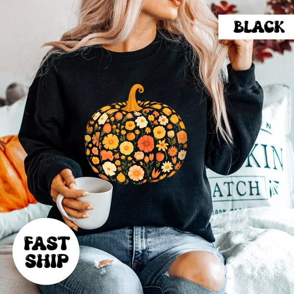 DOVU Flowers Pumpkin Sweatshirt, Pumpkin Sweater, Fall Vibes Sweater ...