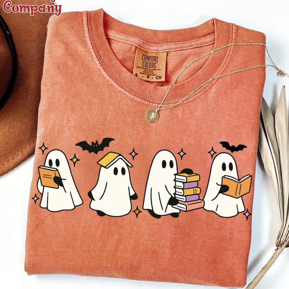 DOVU Funny Book Lover Hal.Low.Een Shirt, Cute Ghost Book Nerd, Ghost ...