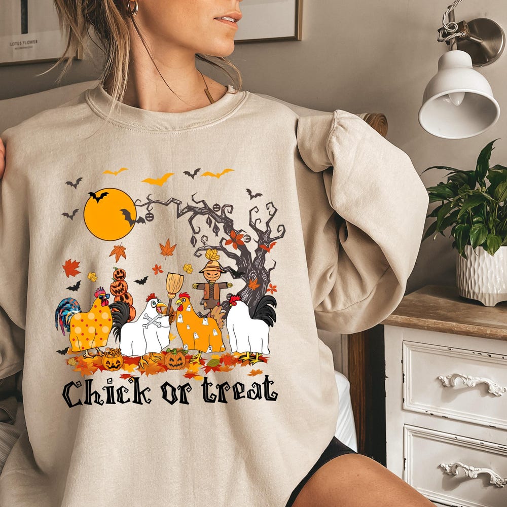 DOVU Funny Chick Or Treat Ghost Chickens Hal.Low.Een Sweatshirt, Cute ...