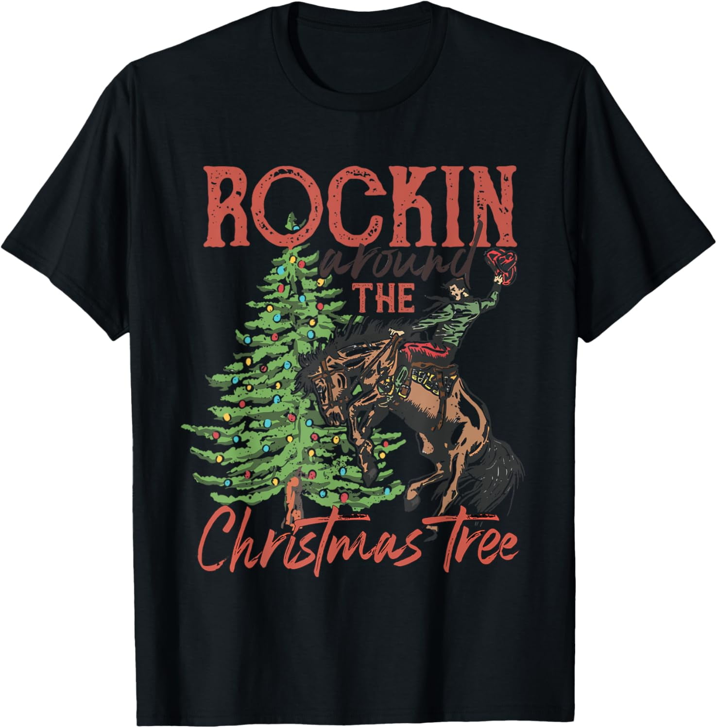 DOVU Funny Country Western Rockin Around The Chris.Tmas Tree T-Shirt ...