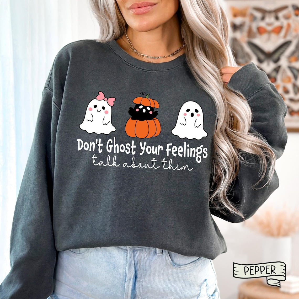 DOVU Funny Don'T Ghost Your Feelings Awareness School Counselor Hal.Low.Een Sweatshirt For Women ...