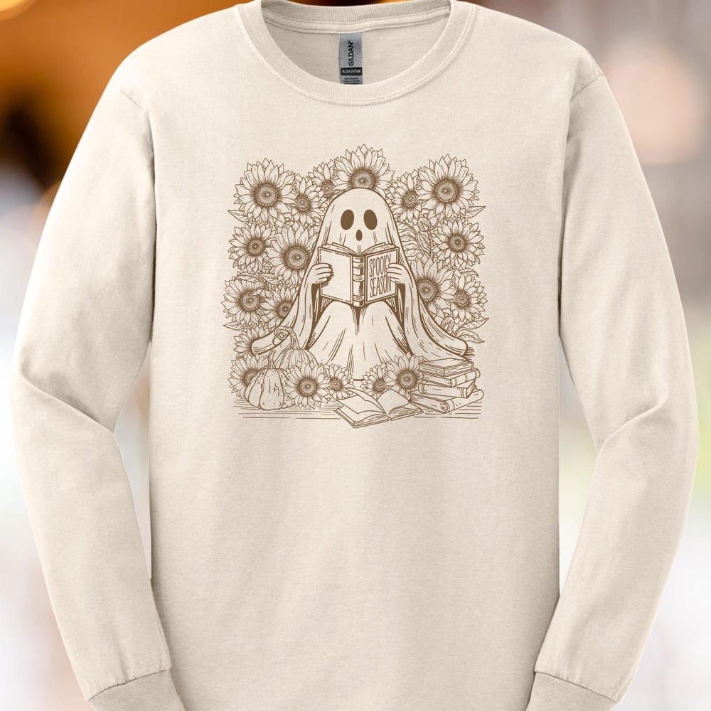 DOVU Ghost Reading Book Sunflower Sweatshirt Spooky Season Pumpkin ...