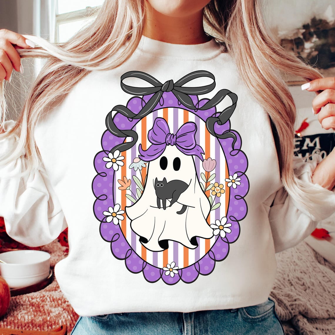 DOVU Girly Ghost Cat Sweatshirt, Preppy Spooky Season Sweatshirt, Floral Hal.Low.Een Shirt, Cute ...