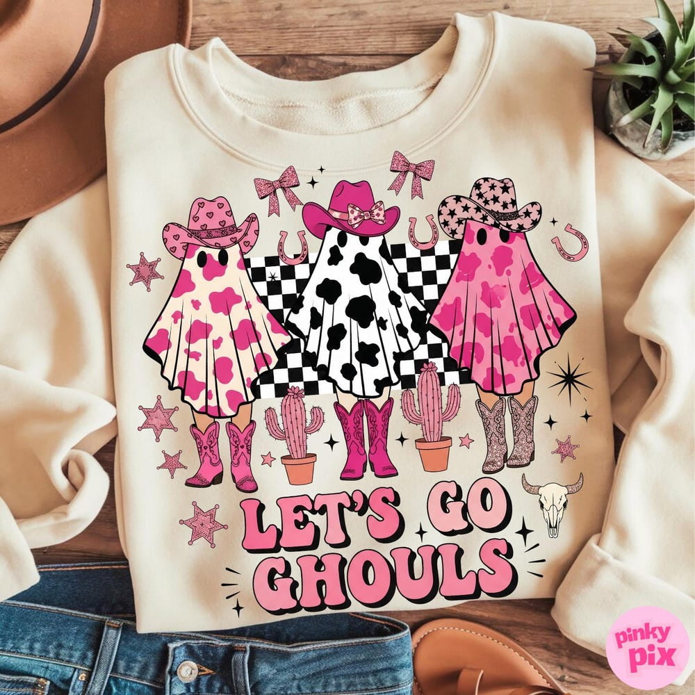 DOVU Let'S Go Ghouls Cowgirl Cute Ghost Sweatshirt, Pink Hal.Low.Een Western Sweatshirt, Girly ...