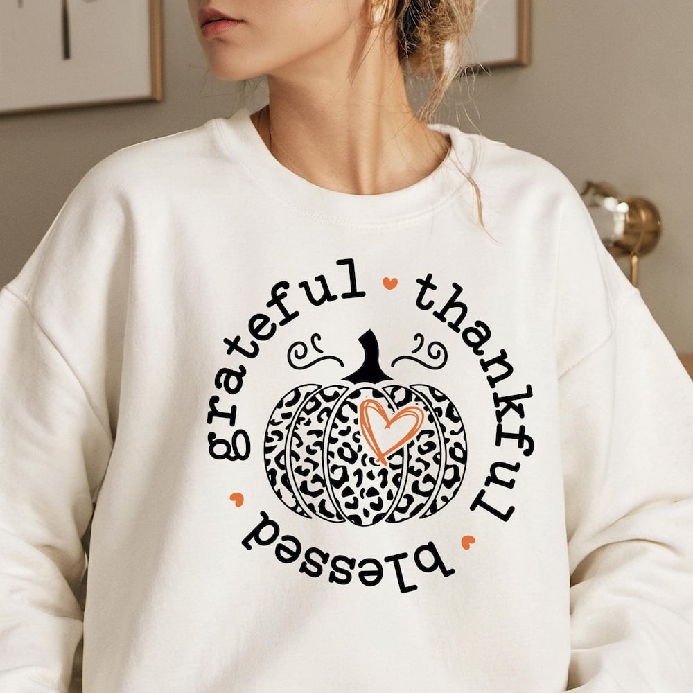 DOVU Grateful Thankful Blessed Sweatshirt, Leo.Pard Pumpkin Shirt ...