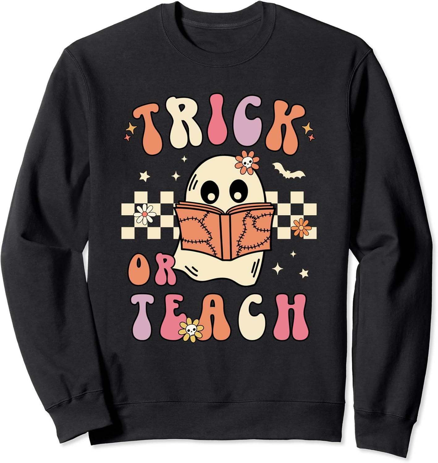 DOVU Groovy Hal.Low.Een Trick Or Teach Retro Floral Ghost Teacher Sweatshirt Trendy Sweatshirt ...
