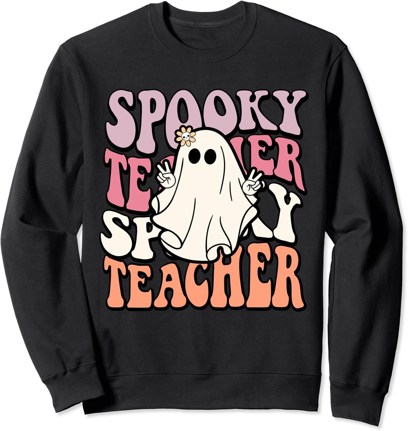 DOVU Groovy Retro Hal.Low.Een Spooky Teacher Trick Or Teach Teacher Sweatshirt Trendy Sweatshirt ...